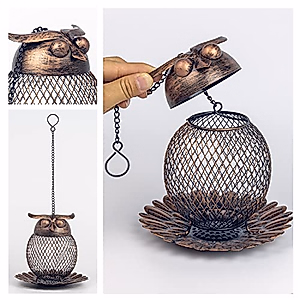 Cinlitek Outdoor Garden Wild Bird Feeder Hanging Bird Feeders, Heavy Duty Copper Metal Mesh Wild Finch Bird Feeder for Outside with Hook for Garden Yard Decor, Owl Shaped