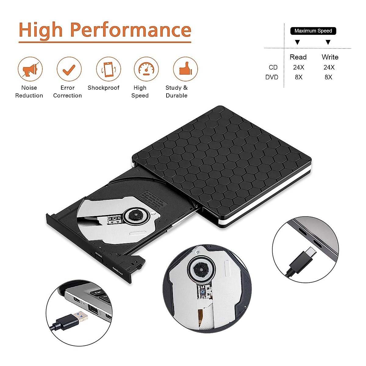 External DVD Drive, Amicool USB 3.0 Type-C CD DVD +/-RW Optical Drive USB C Burner Slim CD/DVD ROM Rewriter Writer Reader Portable for PC Laptop Desktop MacBook Mac Windows 7/8.1/10 Linux OS Apple