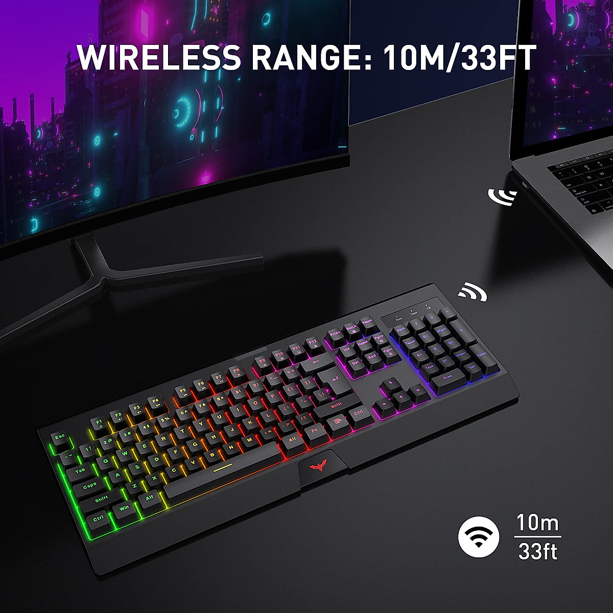 havit Wireless Gaming Keyboard, Rechargeable Rainbow Backlit Keyboard Led 2.4G Wireless Slim USB Keyboards Ergonomic 104 Keys for Windows PC Gamers Desktop Computer Black