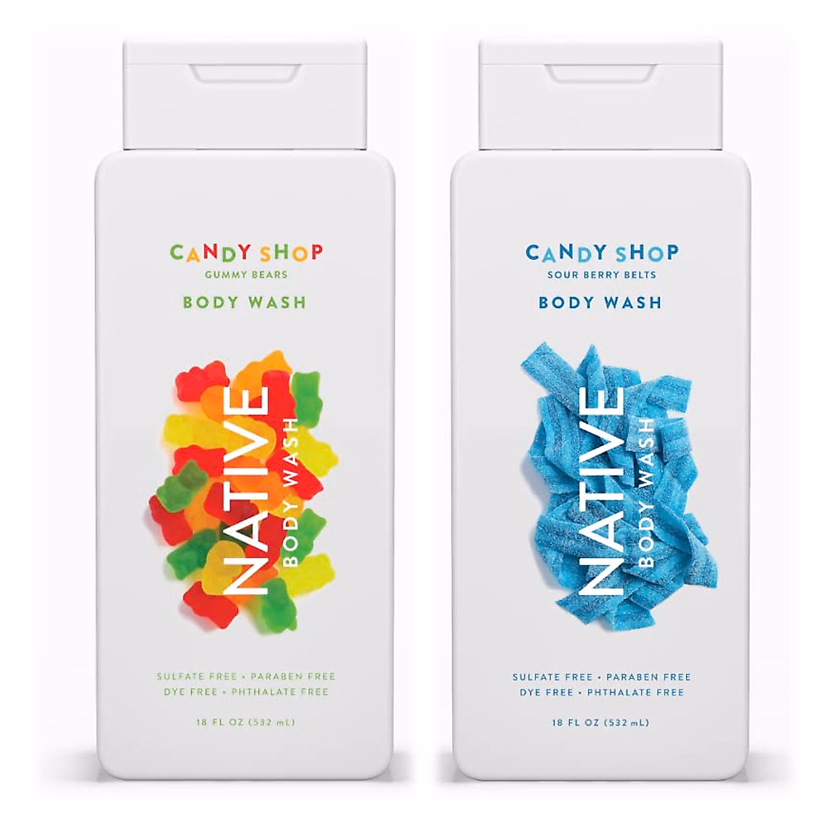 Native Candy Shop Limited Edition Body Wash Set | Sulfate Free, Paraben Free, & Dye Free, 18 oz each, Pack of 2 (Gummy Bears/Sour Berry Belts)