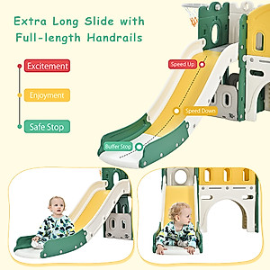 Merax 6-in-1 Kids Slide with Climber, Basketball Hoop, Tunnel and Storage Space, Outdoor Indoor Slide Playset for Toddlers Age 1+