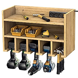 Purbambo Power Tool Organizer Wall Mounted, Bamboo Drills Shelf Rack with Charging Station and 5 Hanging Slots, Power Tools Storage Cabinet