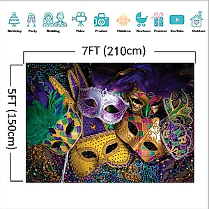 CYLYH 7X5ft Venetian Mardi Gras Backdrop Masquerade Themed Party Photography Background Masquerade Birthday Decoration Venice Carnival Banner Backdrop D513