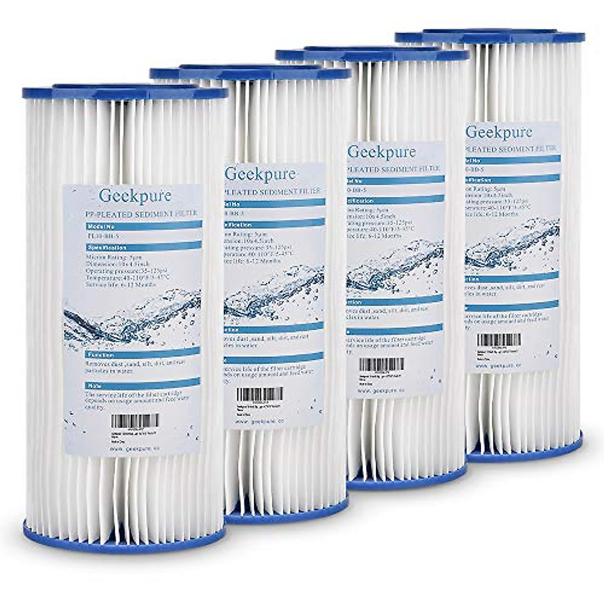 Geekpure 10-Inch Whole House Water Filter System with 4 Pleated Filters-4.5"x10"-1-Inch Port