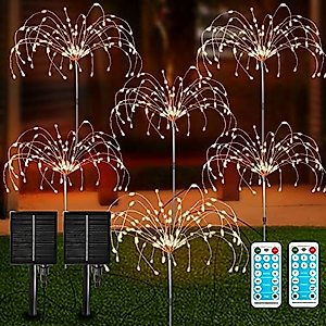 Outdoor Solar Garden Lights 6 Pack, 120 LED Copper Wire Light with Remote, 8 Lighting Modes Decorative Stake Landscape Light DIY Solar Firework Light for Garden Pathway Party Decor (Warm)