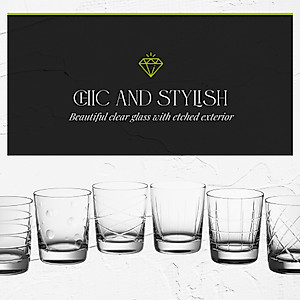 Fifth Avenue Crystal Medallion Old Fashioned Glasses Set of 6, 9.5 oz, Durable Etched Patterns, Textured Rock Glasses, Drinking Cups for Vodka, Bourbon, Liquor, Scotch Tumbler for Bar