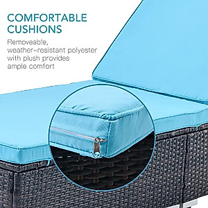 Outdoor 3 Piece Wicker Patio Chaise Lounge Set w/Cushions and Side Table for Beach, Pool, Yard Porch