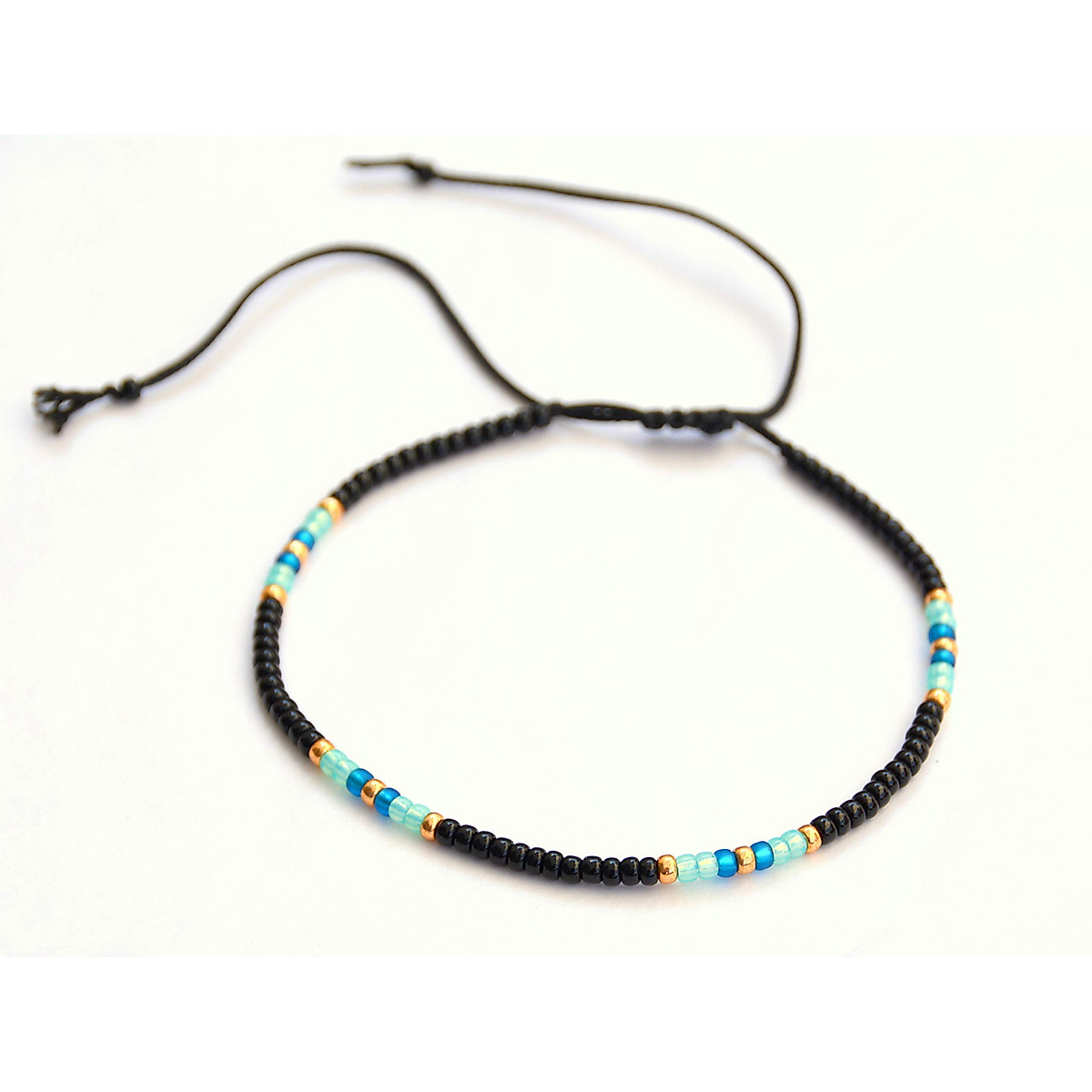 Anklet for Women, Unique Beaded Thin Anklet, Black Gold Colorful Boho Hippie Waterproof Beach Foot Jewelry, Native American Style, Handmade by Tribes (S-M (adjustable))