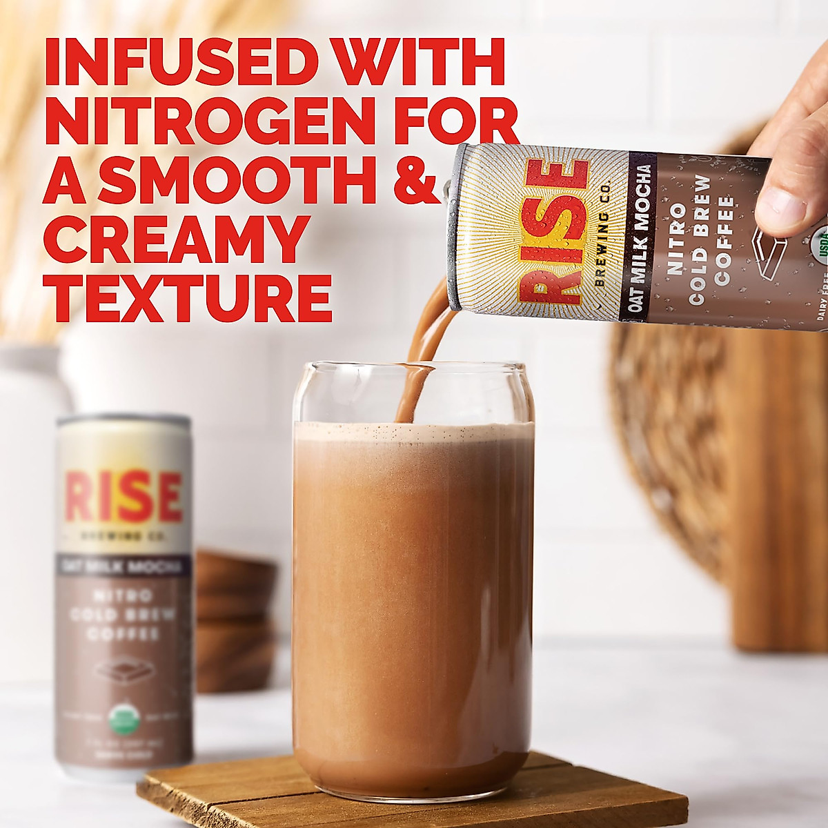 RISE Brewing Co. Oat Milk Mocha Nitro Cold Brew Coffee, No Sugar Added & No Dairy, Organic & Non-GMO, Low Acidity & Vegan, 7 Fl. Oz. Cans