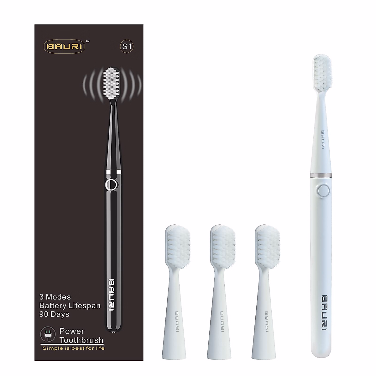 Bauri Electric Toothbrush, Rechargeable Sonic Electric Toothbrush with 3 Brush Heads,Super Slim Electric Toothbrush, IPX7,3 Modes,White Electric Toothbrush