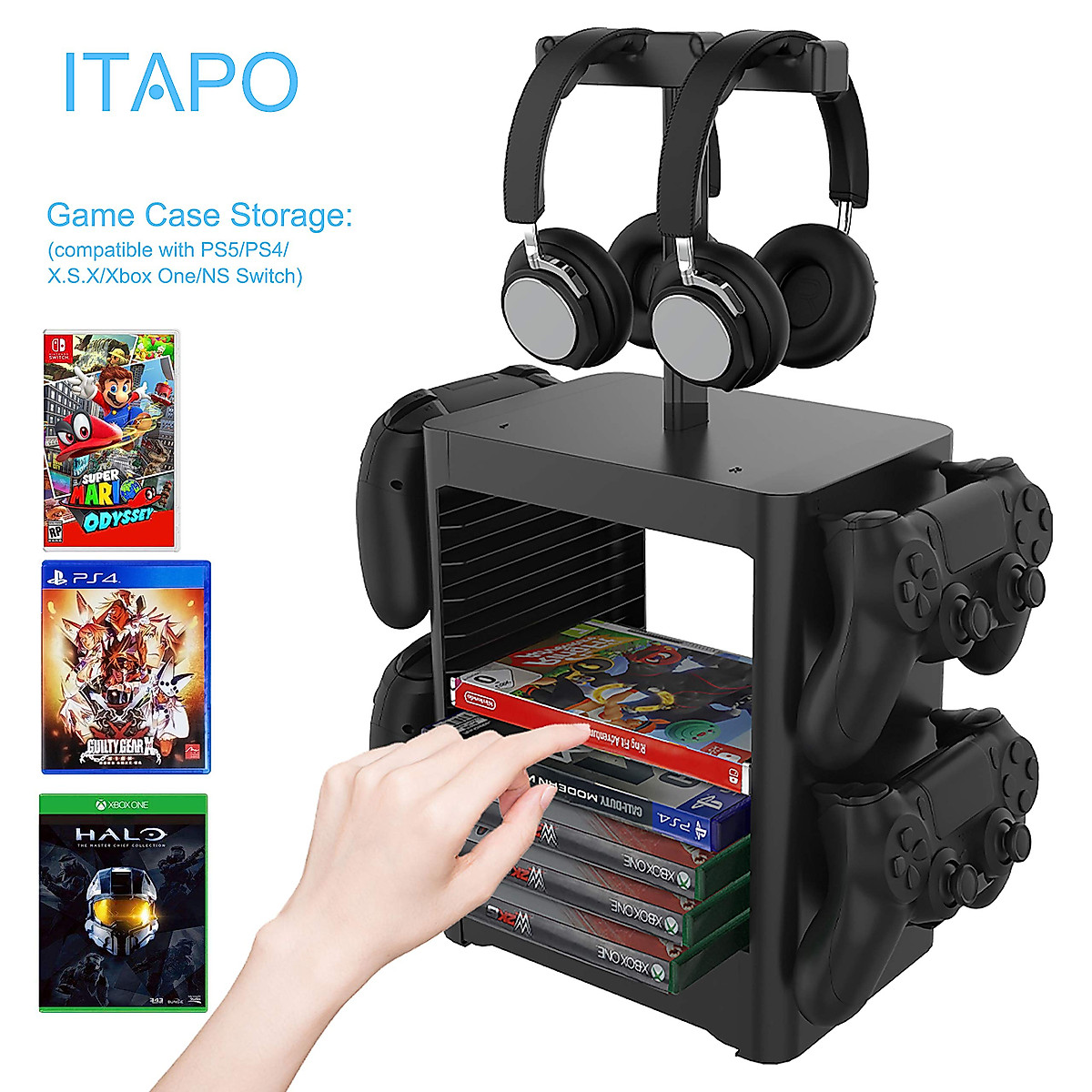 Multifunctional 10 Games Disk Storage Rack for PS5 Controller/Headset Stand Holder for Xbox Series X/Nintendo Switch/Play Station Game Accessories Organizer Black