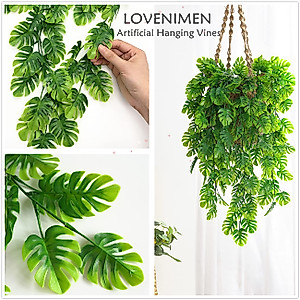 LOVENIMEN Artificial Hanging Vines 4 Pack, Fake Monstera Leafs Vine Ivy Jungle Leaf Plants Tropical Palm Leaves Rattan for Houseplants Indoor Home Kitchen Garden Outdoor Wall Wedding Decoration