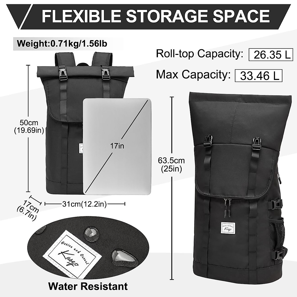 Kasqo Laptop Backpack for Men, 17 Inch Rolltop Large Capacity Water Resistant Travel Casual Daypack, Black