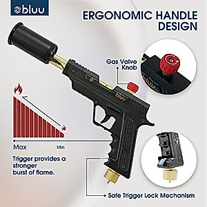 BLUU POWERFUL Cooking Propane Torch- Culinary Blow torch- Sous Vide- Adjustable Flame Thrower Fire Gun with Safety Lock- Campfire Starter- Outdoor Charcoal Lighter for Steak, BBQ and Baking
