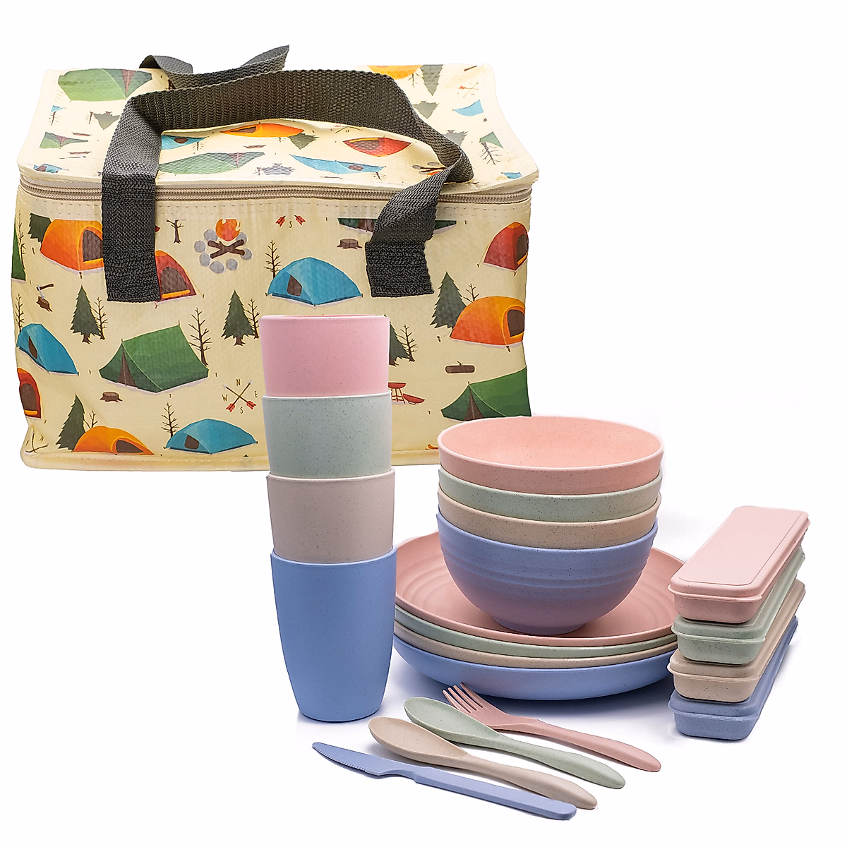 Generic Camping Plates and Bowls Set – 21Pcs Wheat Straw Dinner Set with Dinner Plates, Bowls, Cups and Cutlery – Premium BBQ Set with Cute Colours and Matte Finish – Includes Insulated Bag