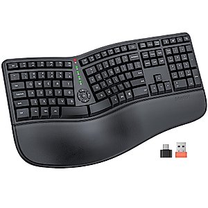 MEETION Ergonomic Keyboard, Split Wireless Keyboard with Cushioned Wrist, Palm Rest, Curved, Natural Typing Full Size Rechargeable Keyboard with USB-C Adapter for PC/Computer/Laptop/Windows/Mac, Black