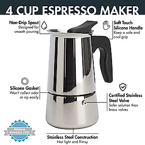 Primula Stainless Steel Stovetop Espresso Coffee Maker, 4-Cup, 3.5"D x 5"W x 7"H, Black Handle