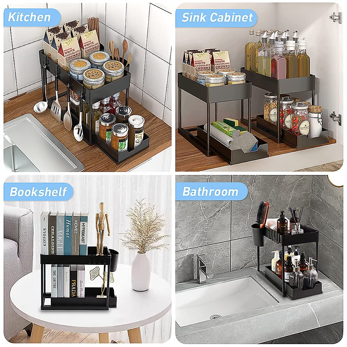 PURSQUAL 2 Pack Under Sink Organizers and Storage with Pull Out Drawer, 2 Tier Bathroom Organizer, Under Kitchen Cabinet Organizer, Multi-purpose Storage Shelf for Kitchen, Bathroom, Countertop，Black