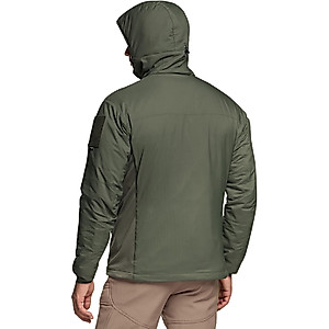 CQR Men's Insulated Hooded Tactical Jacket, Lightweight Mid-Layer Warm Hoodie, Water Resistant Full Zip Hiking Work Coat, Lightweight Olive, Large