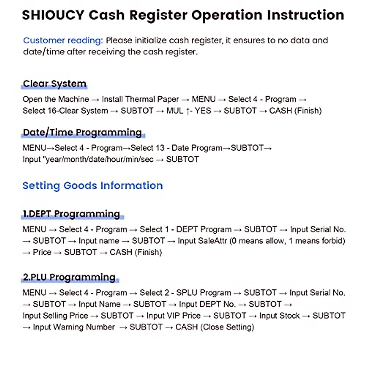 SHIOUCY Cash Register - Electronic POS System with 4 Bill 5 Coin,Removable Tray and Thermal Printer,48-Keys 8-Digital LED Display Multifunction for Small Businesses, White A