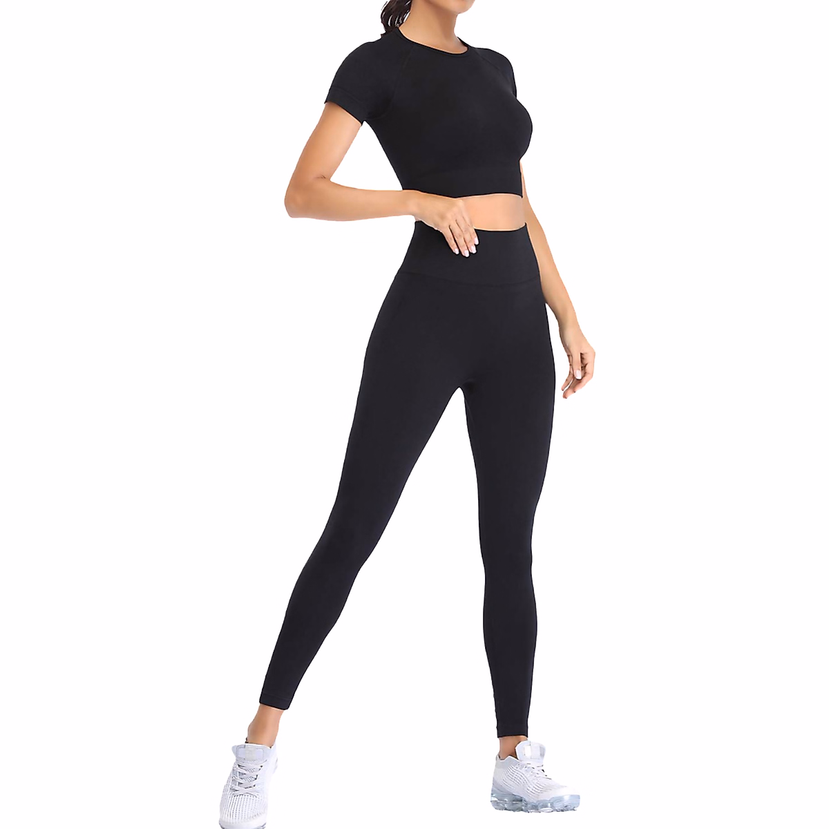 JOLLMONO 2 Piece Short Sleeve Outfits for Women Seamless Crop Tops Set for Women Workout Set(8005S-Black)