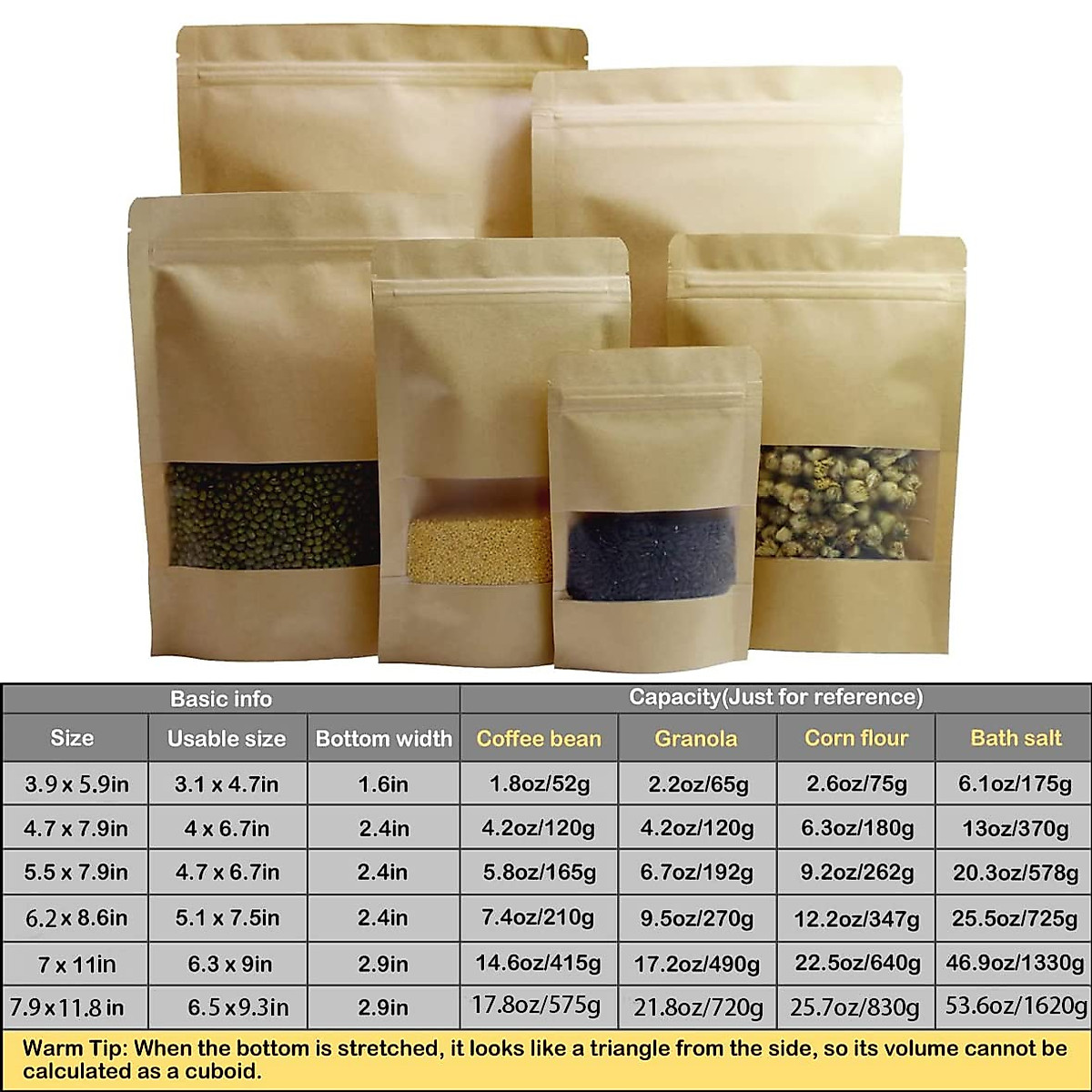 PQZKLDP 100pcs Assorted-Size Kraft Paper Bags with Matte Windows Reusable Smell Stand Up Pouches Bakery BagsFood Candy Coffee Tea Spice Sample Storage Sealable Bags for Small Business Packaging