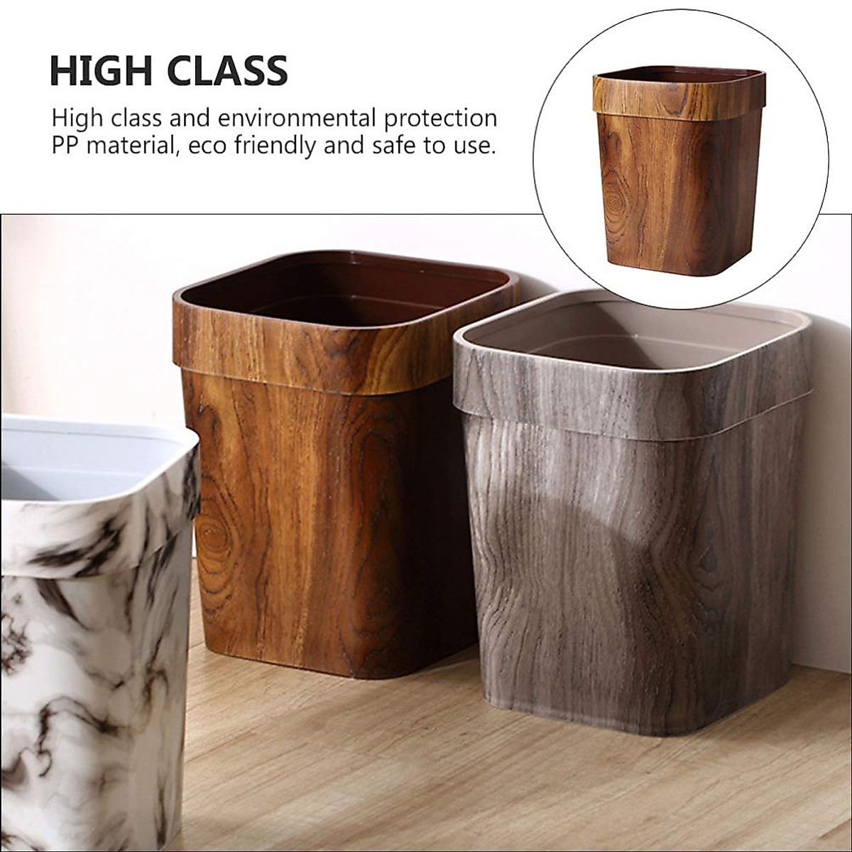 LIFKOME Office Trash Cans Retro Trash Can Wood Small Square Wastebasket Garbage Container Bin Imitated Wood Waste Bin Trash Can Pail for Bathroom Bedroom Kitchen Home Office 14L Ornament Container