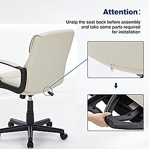Executive Office Chair Computer Desk Chair with Padded Armrests, Ergonomic Chair Mid Back Lumbar Support and Adjustable Height & Tilt Angle Home Office Desk Chairs PU Leather Swivel Chair, Cream