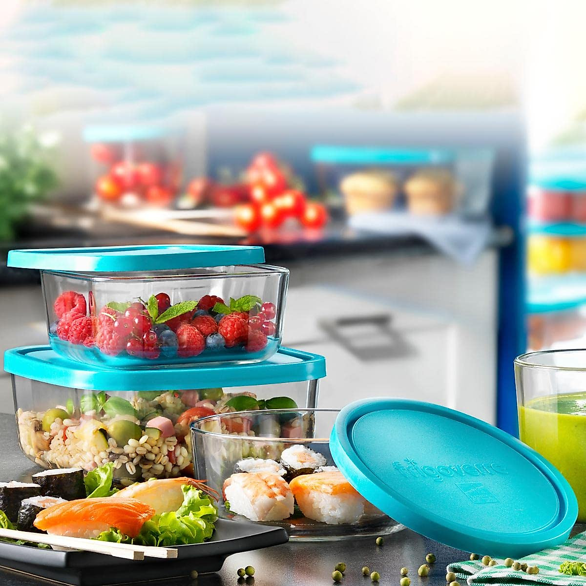 Bormioli Rocco Frigoverre Classic Glass 25.25 Ounce Round Container with Teal Lid