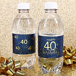 Navy Blue and Gold 40th Birthday Party Water Bottle Labels - 24 Waterproof Stickers