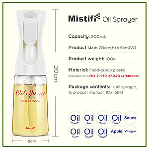Mistifi Oliver Oil Sprayer for cooking, Spray bottle 6oz, Non-Aerosol Refillable Dispenser Oil Mister FS600 Less is More