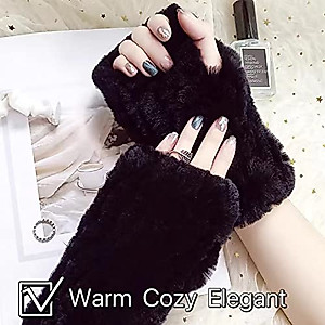 Lupidyyxun Real Rabbit Fur Gloves for Women Winter Furry Gloves Mittens Gloves Knitted Fingerless Gloves (Black)