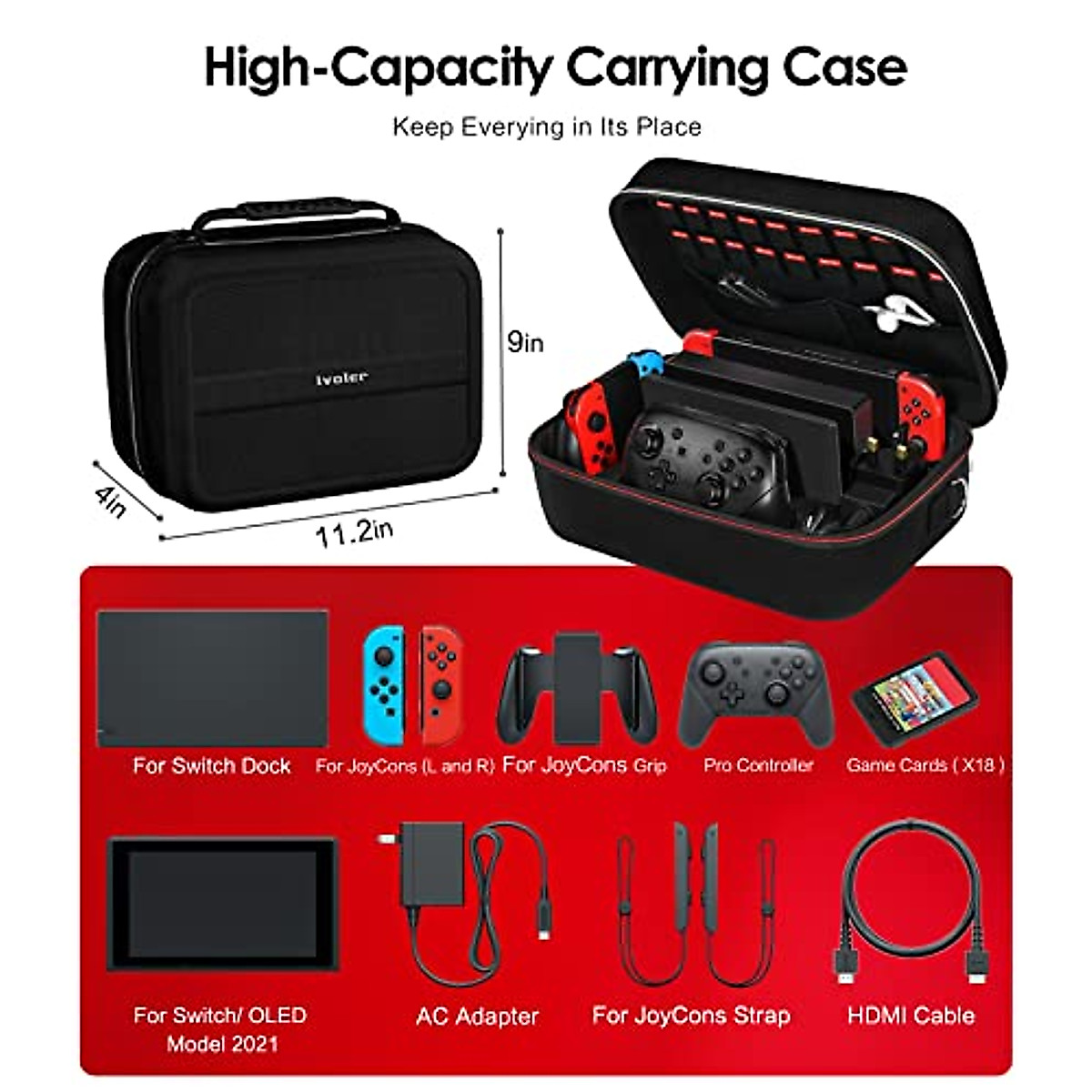 ivoler Carrying Storage Case for Nintendo Switch/For Switch OLED Model (2021),Portable Travel All Protective Hard Messenger Bag Soft Lining 18Games for Switch Console Pro Controller Accessories Black