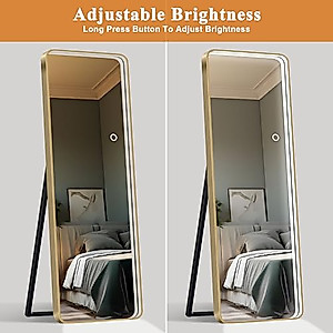 SDHYL Full Length Mirror with Lights, 64"x20" LED Mirror Full Length with Stand, Full Body Mirror with Touch Button and Plug, Dimmable Brightness Dressing Mirror for Living Room, Round Coner, Gold