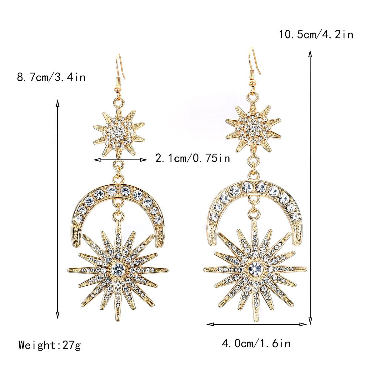Exaggerated Luxury Sun Moon Stars Drop Earrings Rhinestone Punk Earrings for Women Jewelry Golden Boho Vintage Statement Earrings