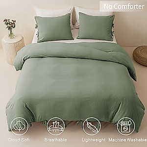 MUKKA Sage Green Duvet Cover Set Queen Size with Bowknot Closure 3 Pieces Washed Microfiber Duvets Set Boho Style for Girl Men Women