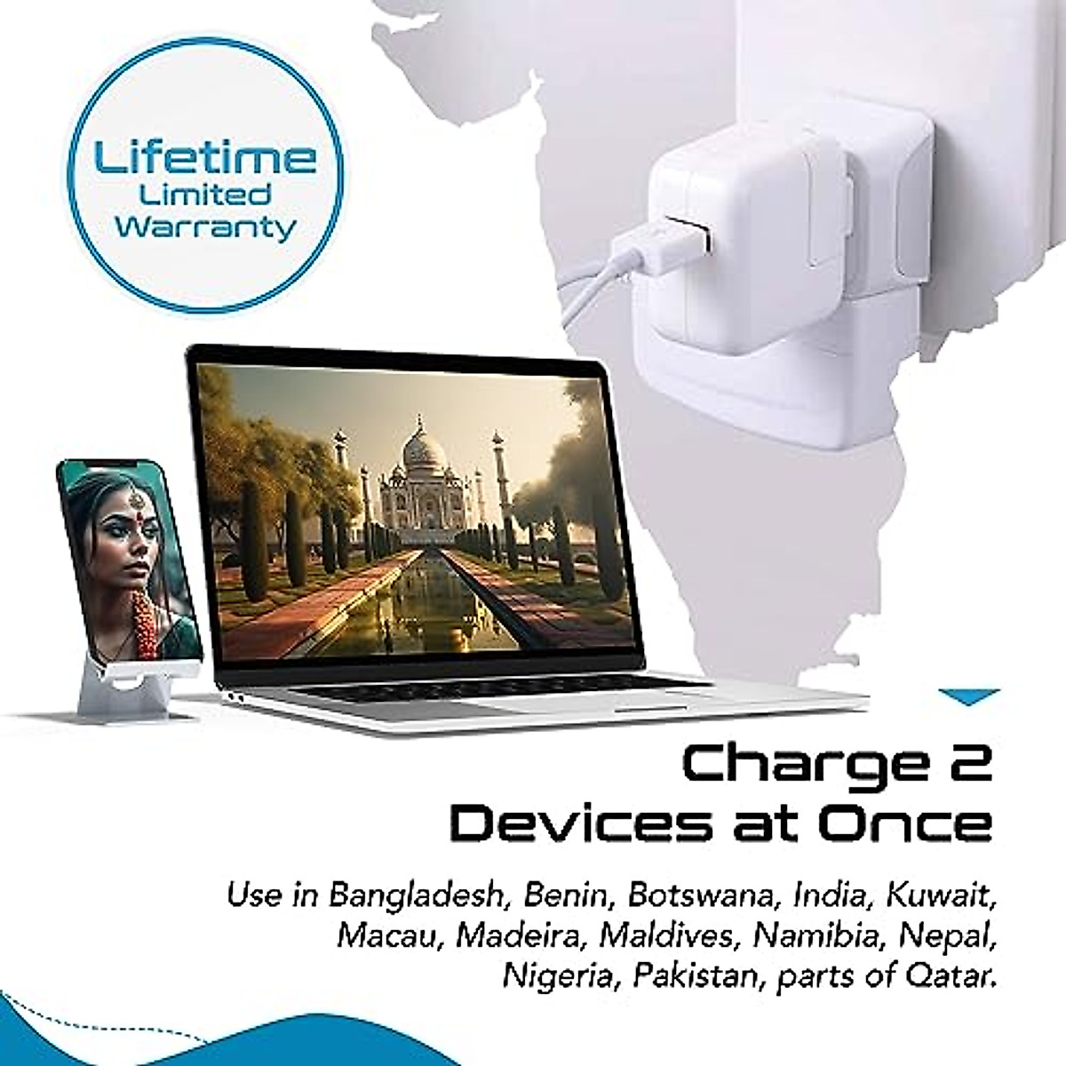 Ceptics US to India Plug Adapter works in Nepal, Maldives, Pakistan, India Power Adapter, Dual USA Input, Grounded Travel Adapter for Indian plug, Perfect for Phones, Laptop Chargers, 3 Pack (CT-10)
