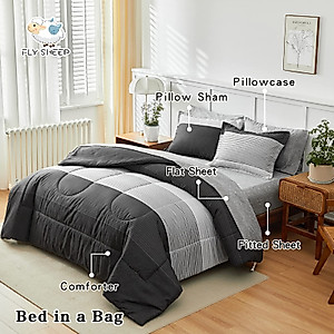Flysheep Ombre Striped Bed in a Bag 7 Pieces King Size, Grey and White Stripes Comforter Sheet Set (1 Comforter, 1 Flat Sheet, 1 Fitted Sheet, 2 Pillow Shams, 2 Pillowcases)