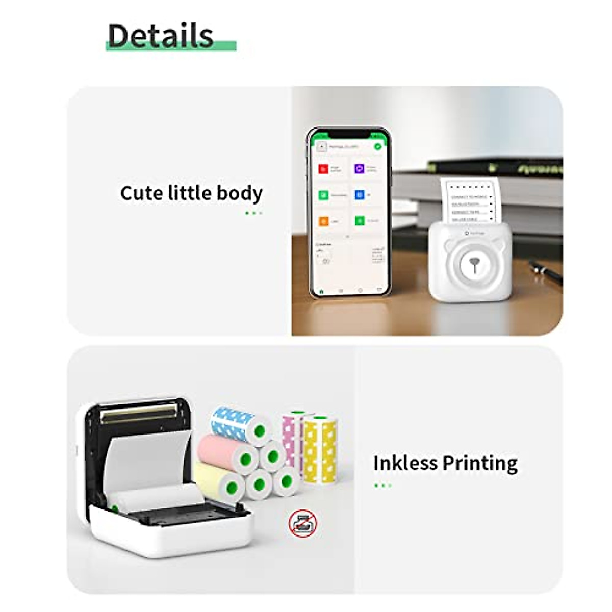 BISOFICE A6 Mini Pocket Printer Wireless BT Thermal Printer Picture Label Memo Receipt Paper Printer + 9 Rolls Color Thermal Paper + 3 Rolls Adhesive Sticker Paper 57 * 30mm