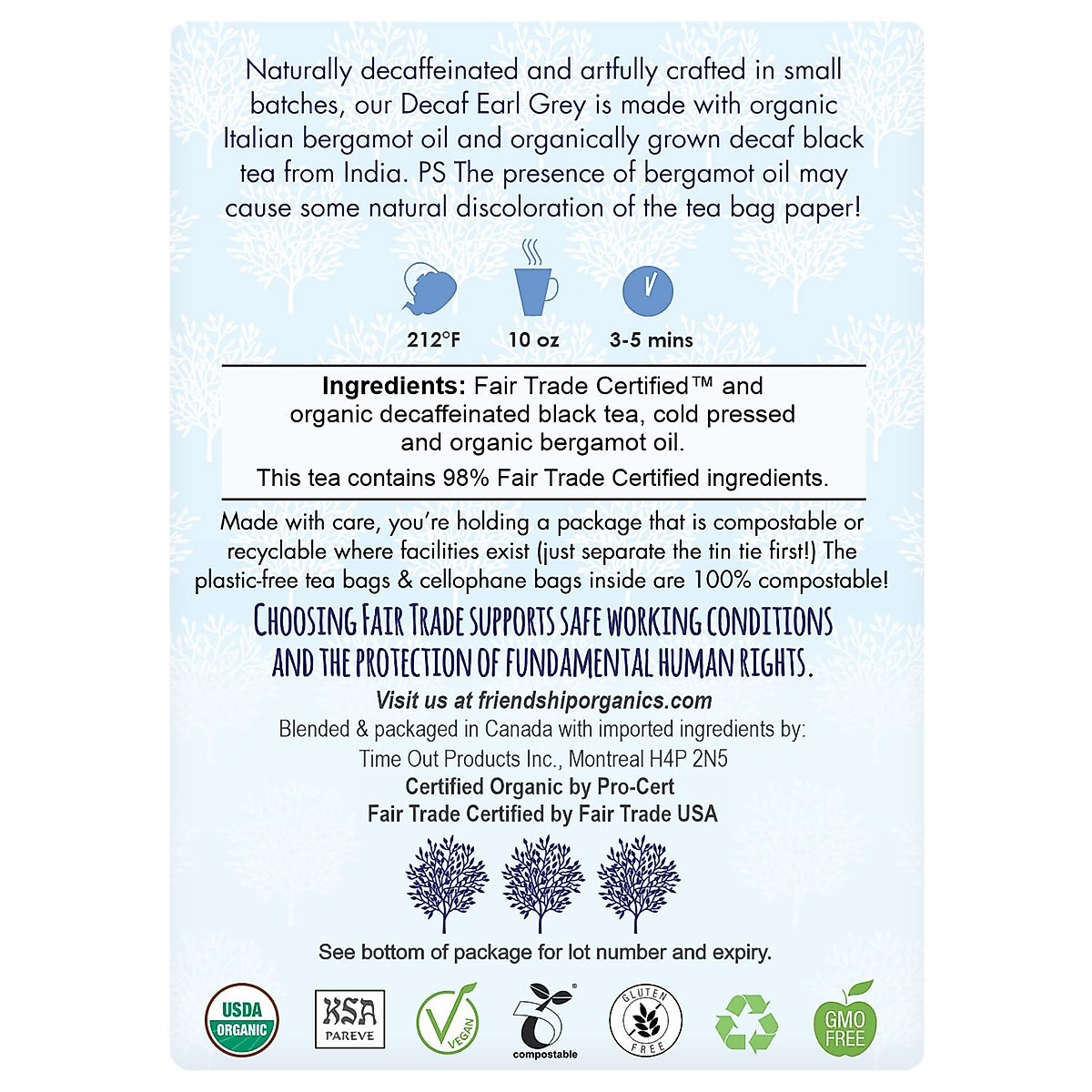 Friendship Organics Decaf Earl Grey Tea Bags, Organic and Fair Trade 36 Count