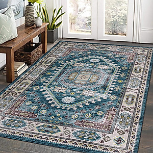 RUGSREAL Washable Area Rug 9x12 Large Blue Rug Vintage Area Rug, Easy-Cleaning, Non Shedding, Perfect for Living Room Bedroom Dining Room Soft Accent Rug Farmhouse Office,9x12
