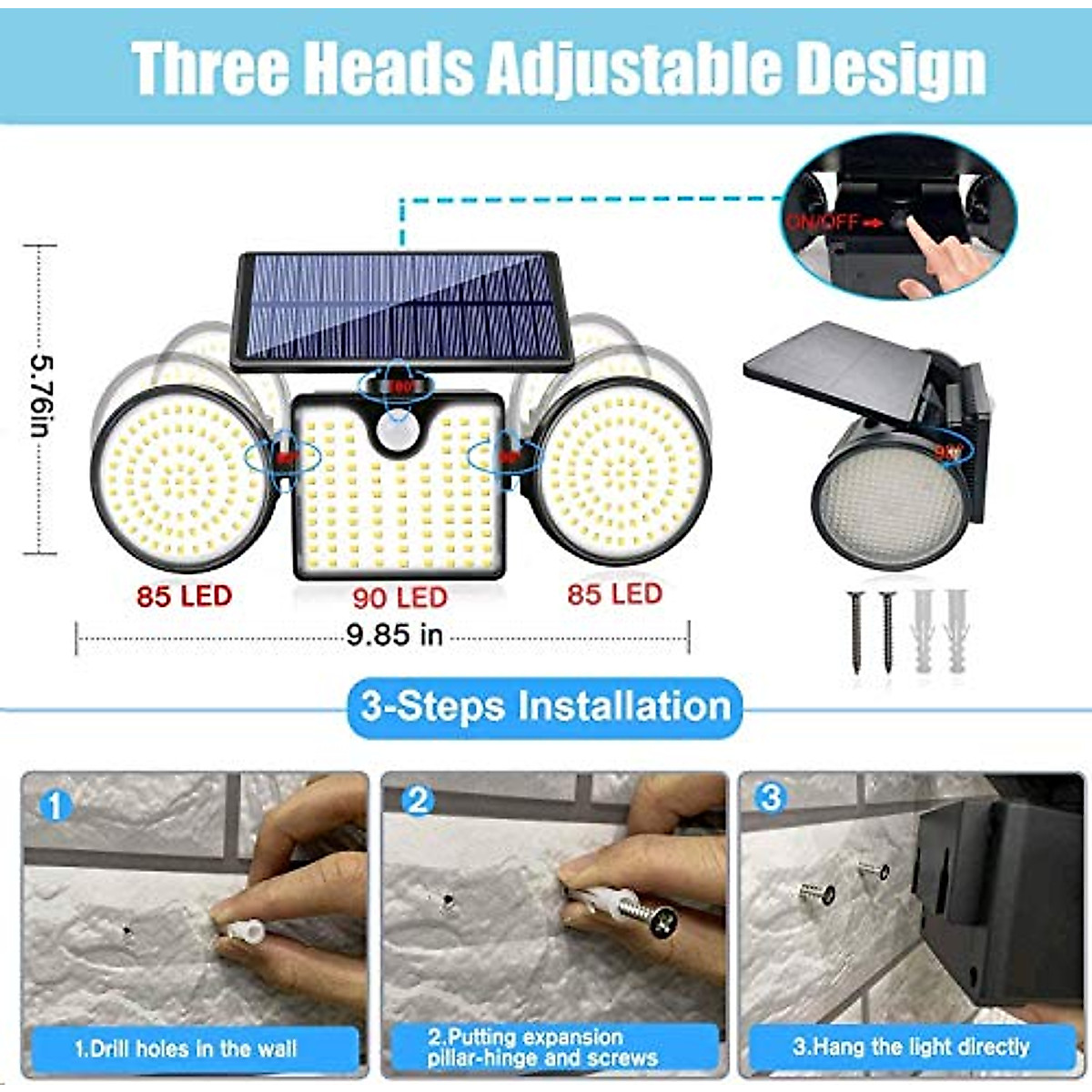 Fatpoom Solar Lights Outdoor 260 LED Solar Powered Wall Lights with Motion Sensor Dual Head Spotlights IP65 Waterproof 360° Adjustable Solar Motion Lights Outdoor for Front Door Yard Garden (2 Pack)