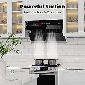 BRANO Range Hood 30 inch with 900CFM, Voice/Gesture Sensing/Touch Control Panel, Unique Side-Draft Design for Under Cabinet Modern Kitchen Hood, Ducted/Ductless Convertible
