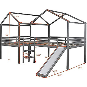 ATH-S L-Shape Loft Beds Full House Loft Bed with Slide Low Loft Bed Frame for 2, Wood Gray Playhouse Loft Bed for Girls Boys Teens (Color : Gray Full House Bed)