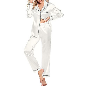 Women's Silk Satin Pajama Button Down Long Sleeve and Pants Set Sleepwear Loungewear White XXL
