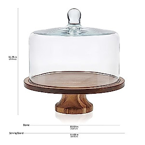 Libbey Acaciawood Footed Round Wood Server Cake Stand with Glass Dome