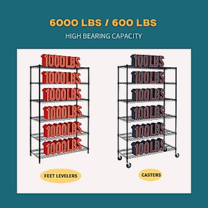 BestMassage Wire Shelving Unit Heavy Duty Garage Storage Shelves Large Metal Shelf Organizer 6-Tier Height Adjustable Commercial Grade Utility Steel Storage Rack with Wheels,18 x 48 x 72 (Black)