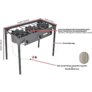 High Pressure Banjo Outdoor Camp Stove with Adjustable Height. 0-20 PSI Adjustable Regulator and Steel Braided Hose (3-Burner)