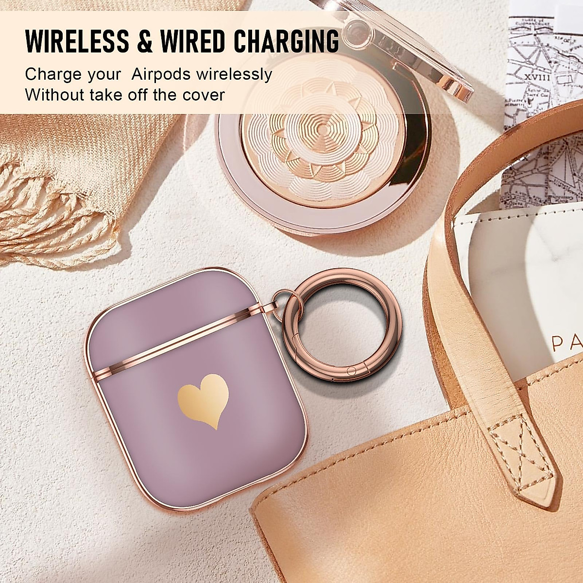 Maxjoy Compatible with Airpods Case,for Airpods 2nd Generation Case Cute Electroplating with Gold Heart Pattern with Lanyard Shockproof Cover for Girls Woman Airpods 2 &11-Light Purple