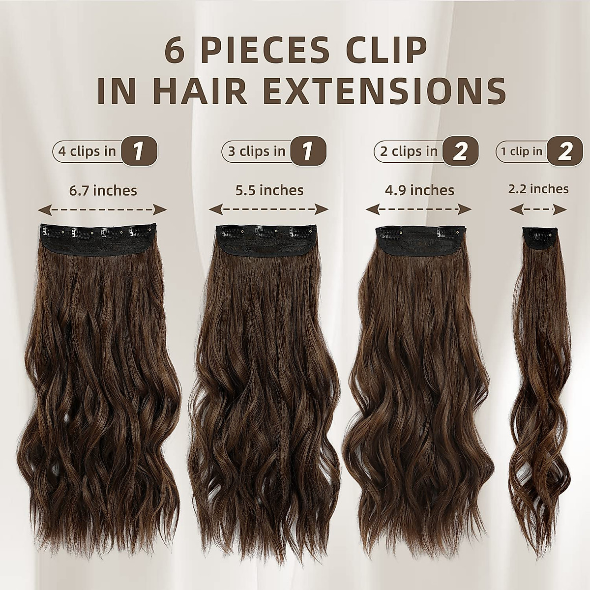 Clip in Hair Extensions, 6 PCS Light Brown Extensions, Wavy Hair Extensions, Natural & Soft Hair & Blends Well Hair Extensions, Chocolate Brown Long Wavy Hairpieces(20inch, 6pcs, Chocolate Brown)